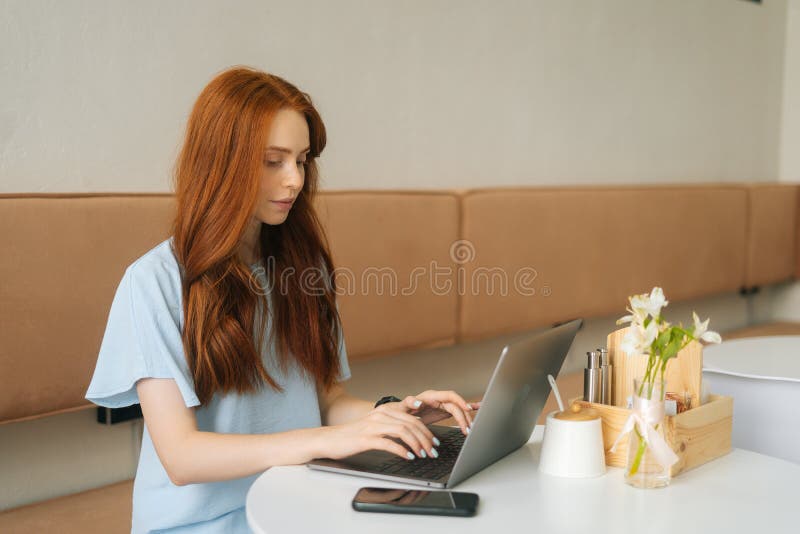 Medium Shot Portrait of Serious Young Woman Working Typing Using on ...