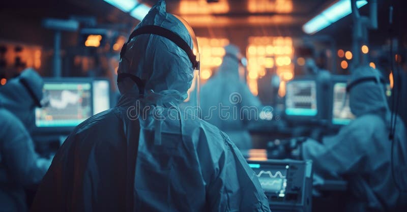 Medium Shot of Scientist in Hazmat Suits and a Humanoid Robot ...