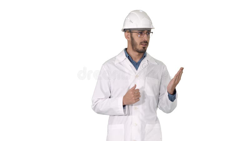 Scientist in White Robe and Helmet Presenting Pointing To Side with ...