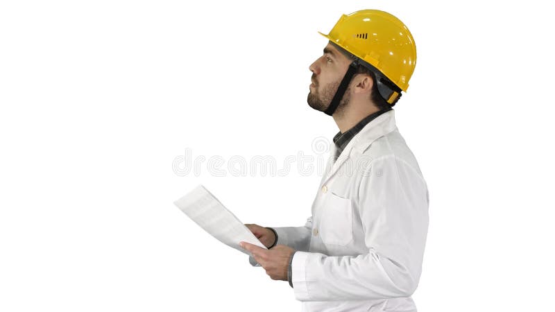 Contractor Engineer Walking with Papers and Checking Arround on White ...