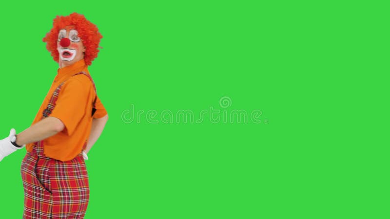Clown Walking by and Making a Funny Look into Camera on a Green Screen ...