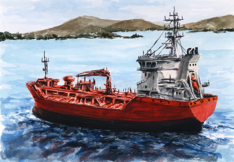 Medium-size Freight Ship and Hilly Coastline Stock Illustration ...