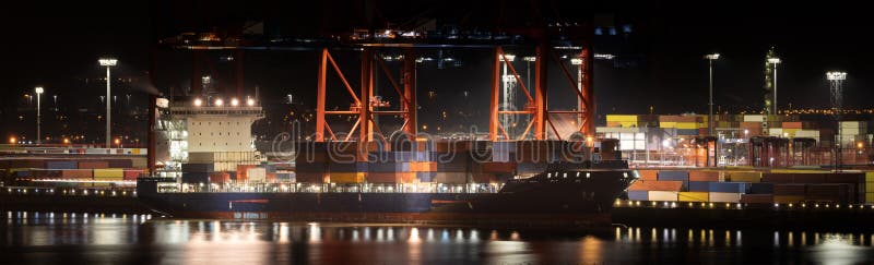 Medium-sized Container Ship in the Port of Hamburg at Night Stock Image ...