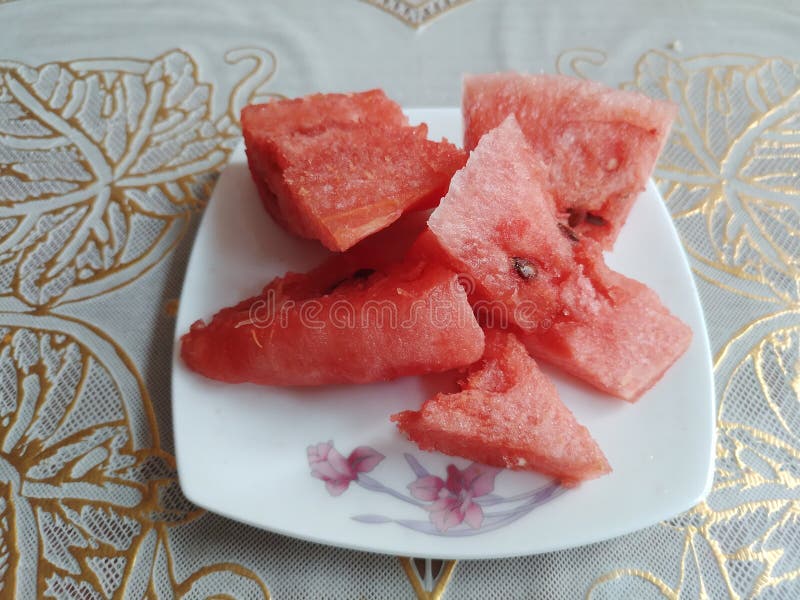 Medium Slice Pieces Watermelon in a Plate Stock Image - Image of dairy ...