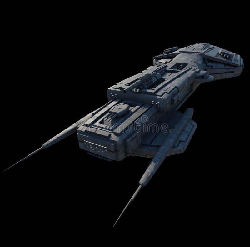 Medium Space Ship with Heavy Weapons on Black Background Stock ...