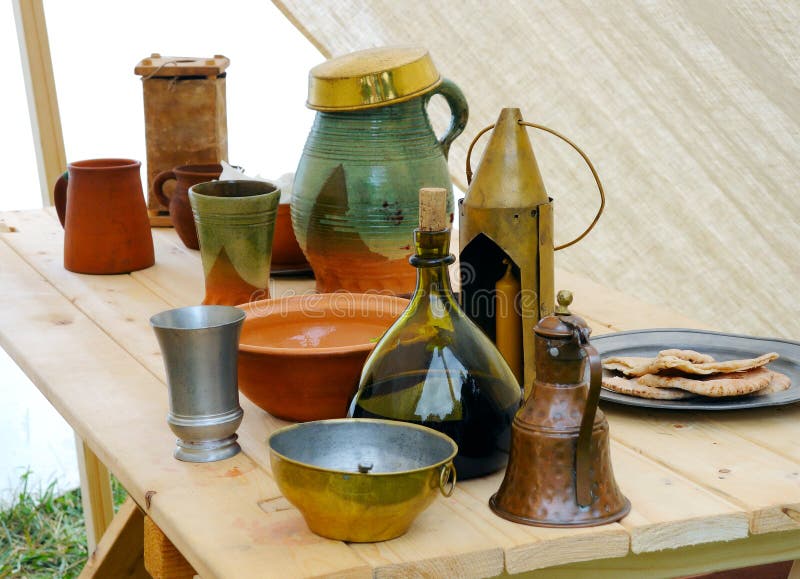 Medival Tableware on Wooden Background Stock Image - Image of table ...