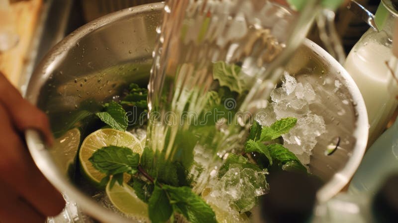 A Medley of Lime Mint Leaves and White Rum Being Muddled Together Stock ...