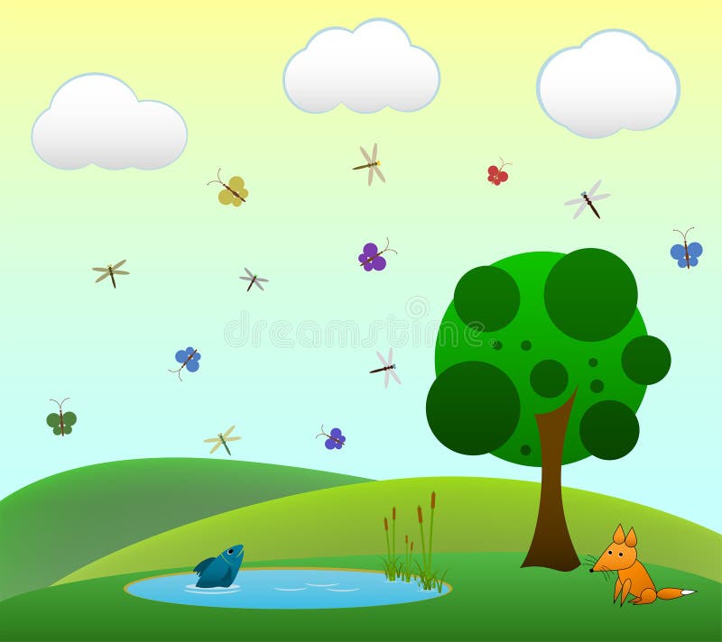 Medow and Pond Illustration Stock Vector - Illustration of icon, land ...