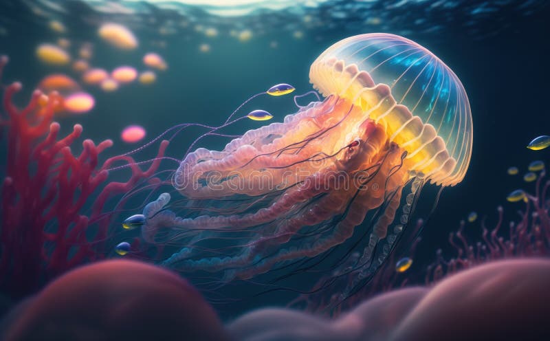 Medusa Brilhante No Mar Profundo Ilustração Stock - Ilustração de cena ...