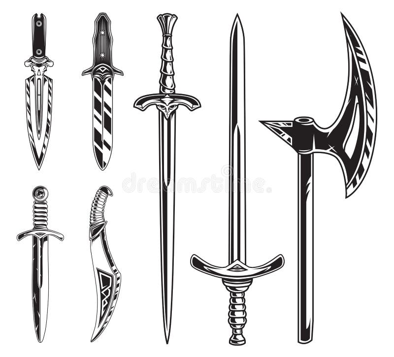 Meele Weapon Vector Pack. Set of Isolated Sword, Dagger, and Axe Stock ...