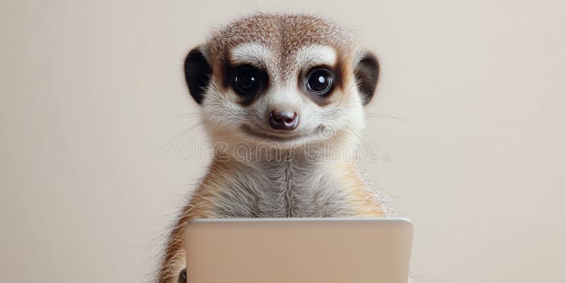 Meerkat with Cheerful Expression Using Laptop, Showcasing Curiosity and ...