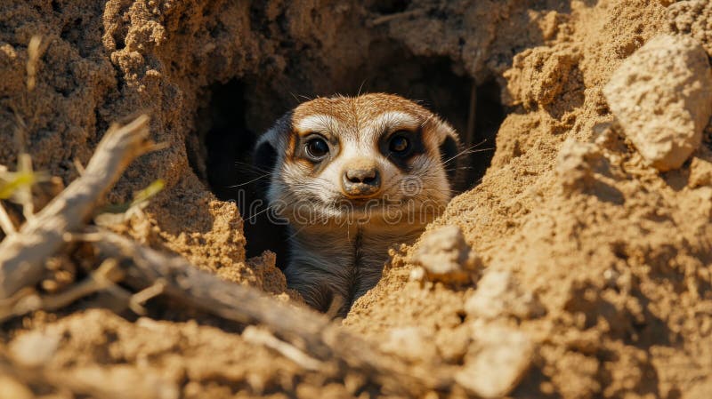 Meerkat Peeking from Sandy Burrow in Desert Stock Illustration ...