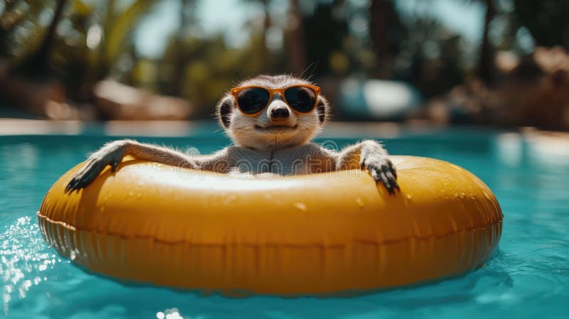 Meerkat Relaxing in a Pool with Sunglasses on a Sunny Day Stock Photo ...