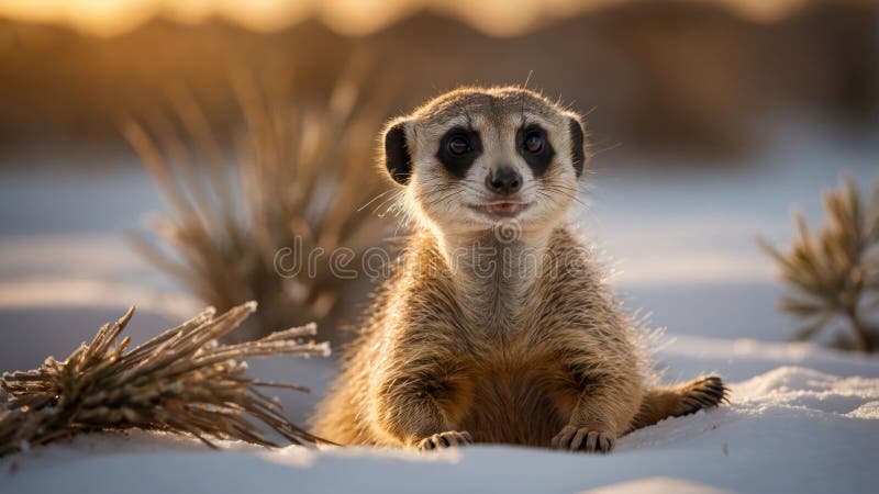 Adorable Meerkat in Winter Sunset, Sitting in the Snow Stock ...