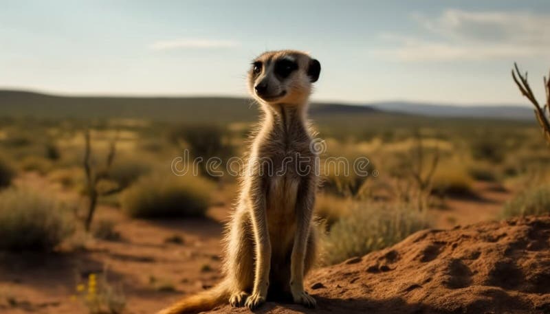 Meerkat Standing Alert, Watching Sunset in Wilderness Generated by AI ...