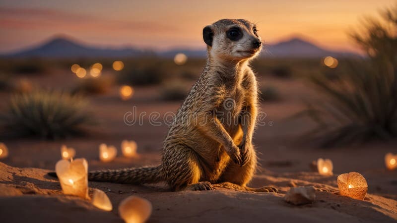 Alert Meerkat at Sunset Surrounded by Candles Stock Illustration ...