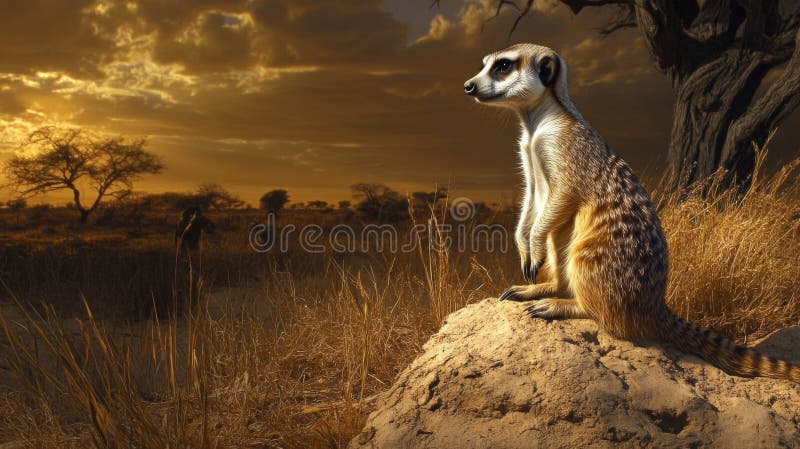 Meerkat Watching Sunset on African Savanna Stock Illustration ...