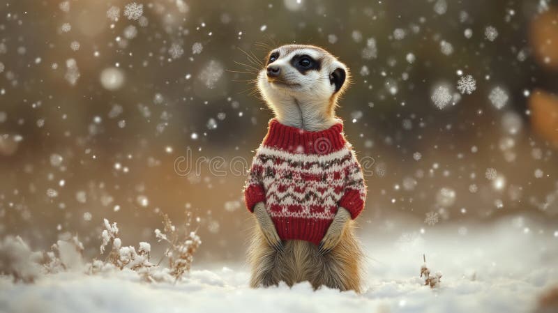 A Meerkat Wearing a Red and White Knit Sweater in the Snow Stock ...