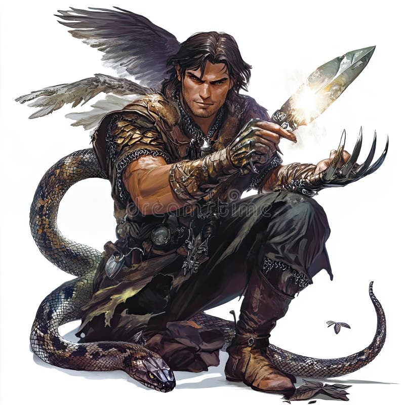 Charming Hero with a Snake Tail and Eagle Claws Wielding a Sparkling ...