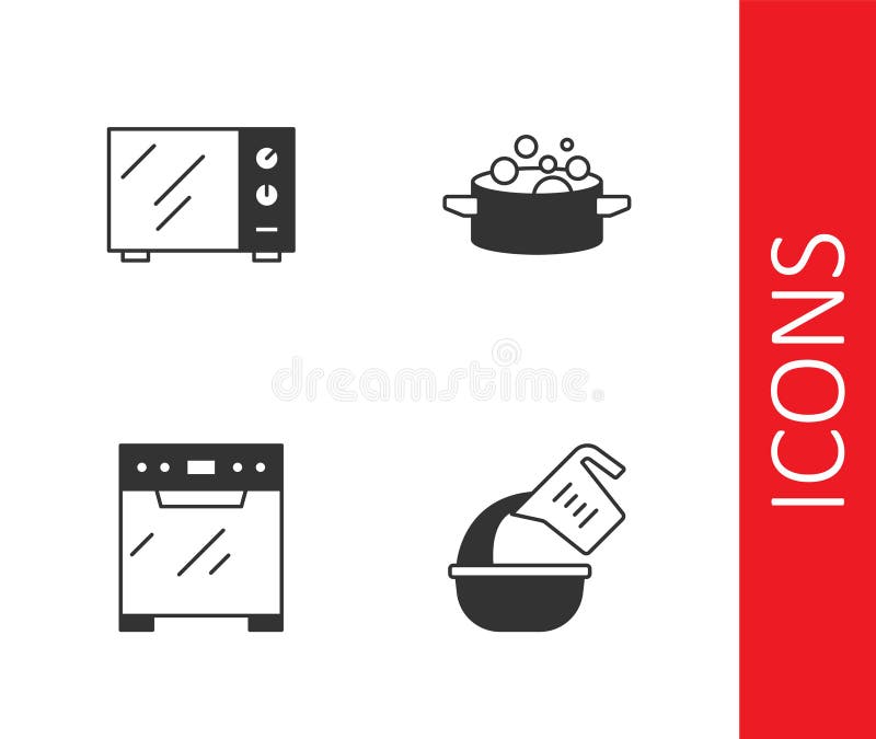 Meetbeker En Magnetronoven Met Kookpot Instellen. Vector Vector ...