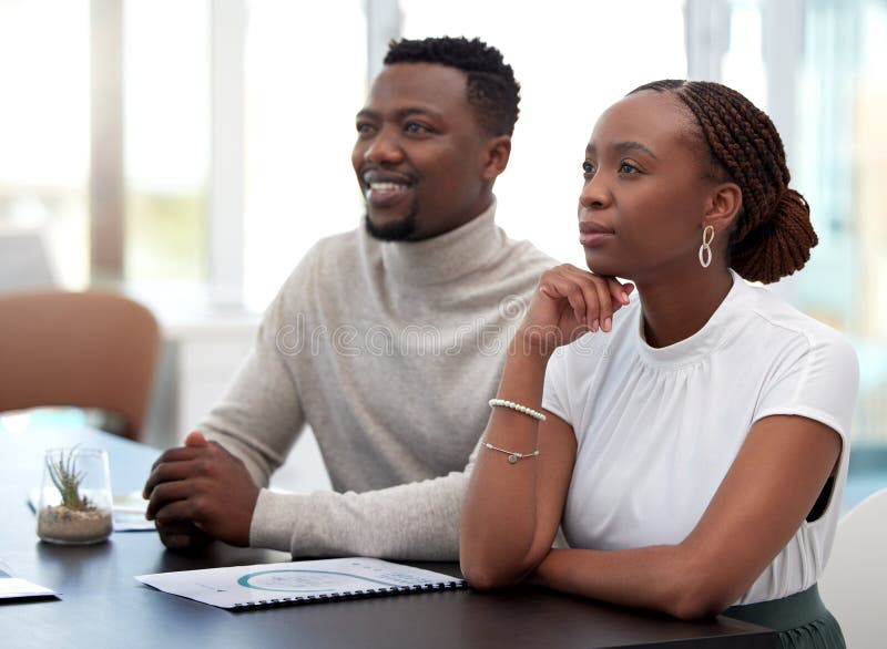 Meeting, Black People and Boardroom with Team for Thinking in Office at ...