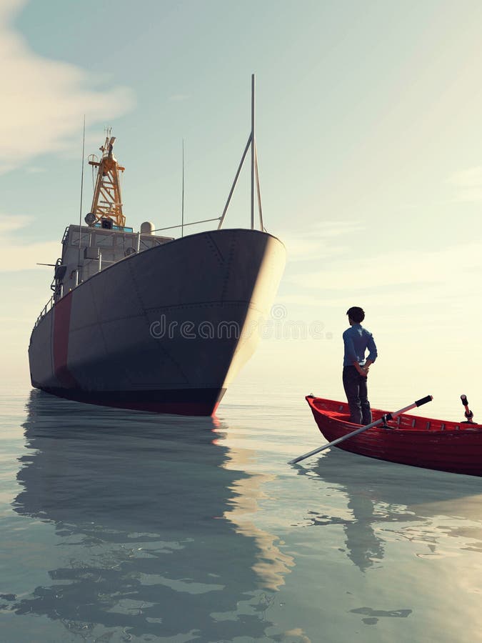 Man in a Small Boat Looking at a Ship . Stock Illustration ...