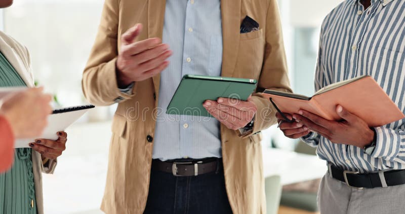 Meeting, Discussion and Hands of Business People with Tablet for ...