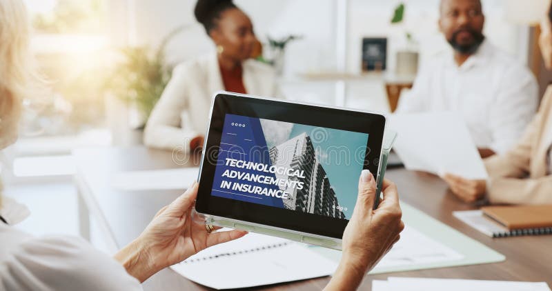 Meeting, Hands or People with Tablet Screen, Office or App for Customer ...