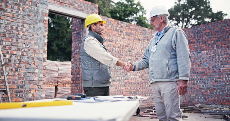 Meeting, Handshake and People on Construction Site for Plan, Inspection ...