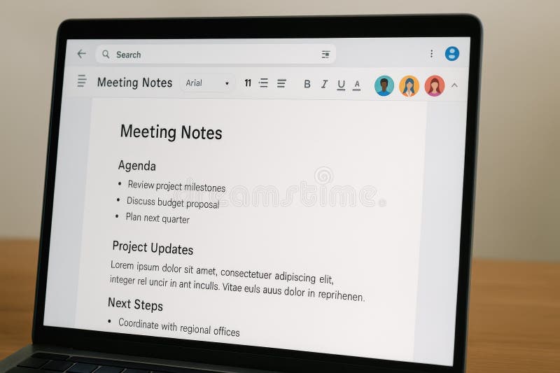 Meeting Notes on Laptop Screen with Document Text and Toolbars Laying ...