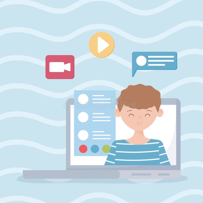 Meeting Online, Man on Screen Laptop Chat Message Work Stock Vector ...