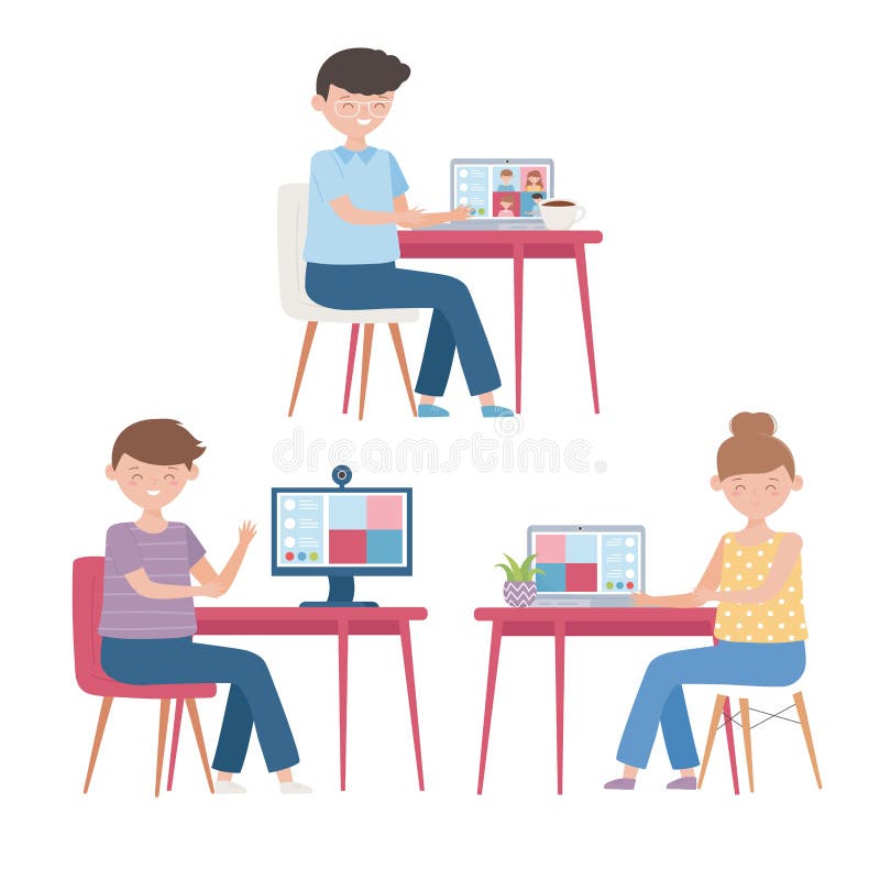 Meeting Online, People Working Laptop Computer Video Desk Stock Vector ...