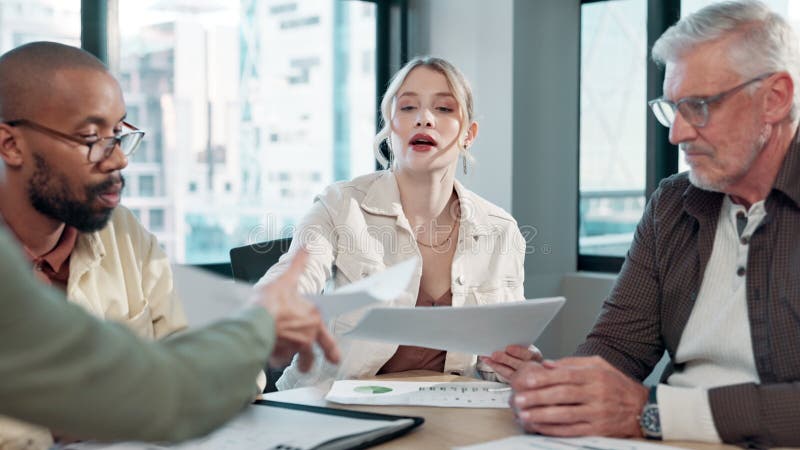 Meeting, Planning and Business People with Paperwork, Report and Notes ...