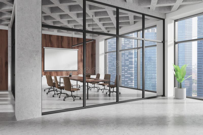 Meeting Room Interior with Board and Blank Projection Screen, Panoramic ...