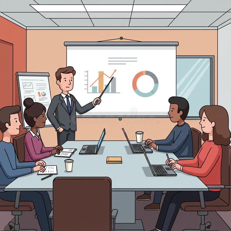 Meeting Room Scene with Five Animated Figures Engaging in a ...