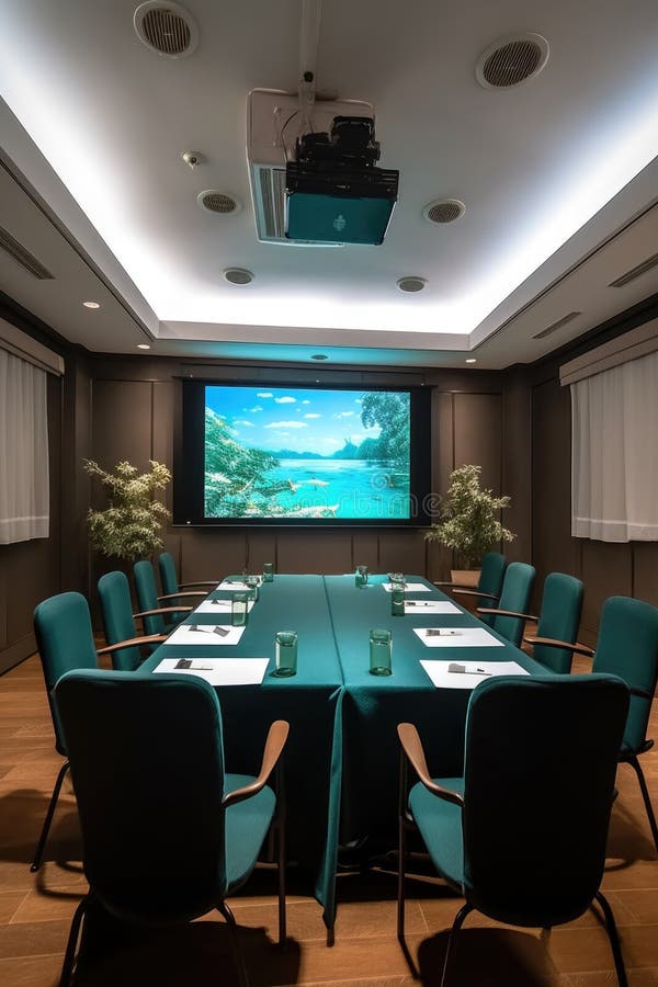 Meeting Room Setup with Comfortable Chairs and Projector Screen Stock ...