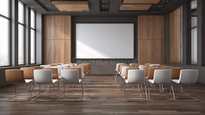 Meeting Room Setup with Empty Chairs and Presentation Screen Ready for ...