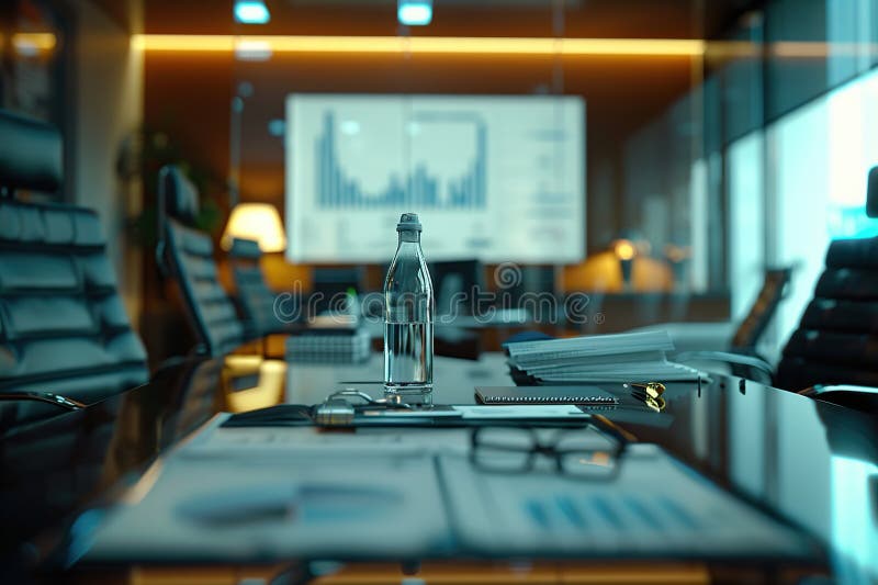 Meeting Room Table with Water Bottle and Documents Stock Illustration ...