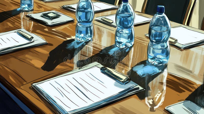 Meeting Room Table with Water Bottles and Documents Stock Illustration ...
