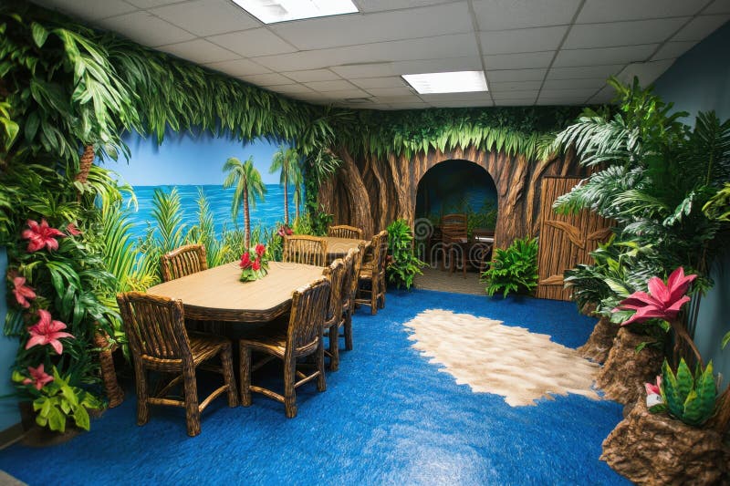 Meeting Space Designed with Tropical Theme Featuring Lush Greenery and ...