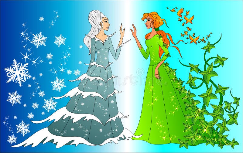 Meeting of Spring and Winter in the Form of Girls Stock Vector ...