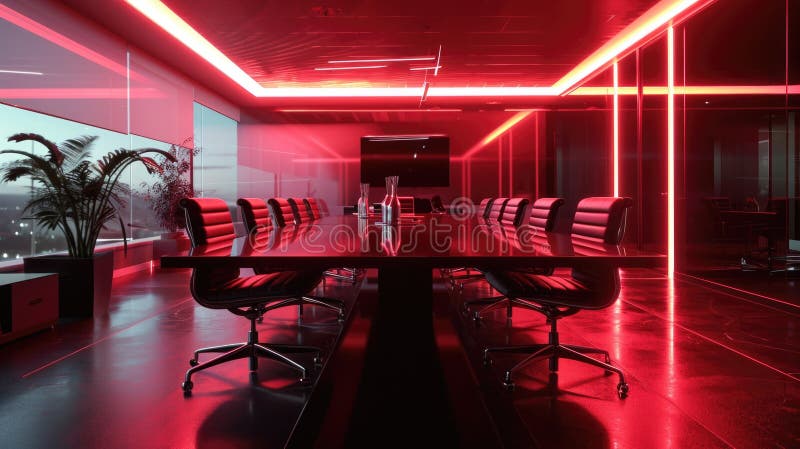 Meeting Table with Red Neon Lighting in the Office Stock Illustration ...