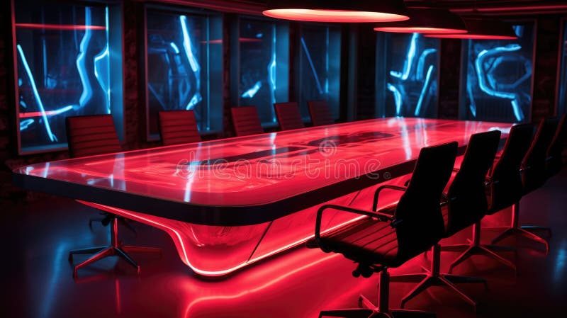 Meeting Table with Red Neon Lighting in the Office Stock Illustration ...
