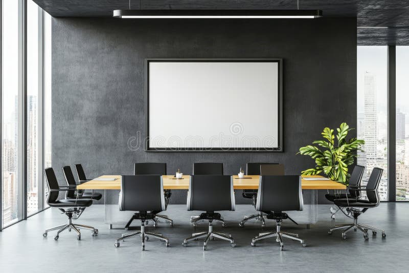 Meeting Table and TV Screen, Window, and Mockup Frame in Cozy Office ...