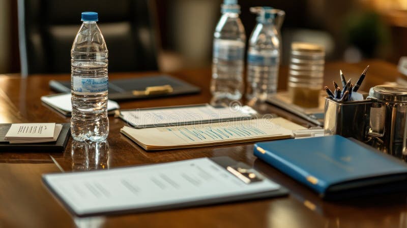 Meeting Table with Water Bottles, Documents, and Stationery Stock ...
