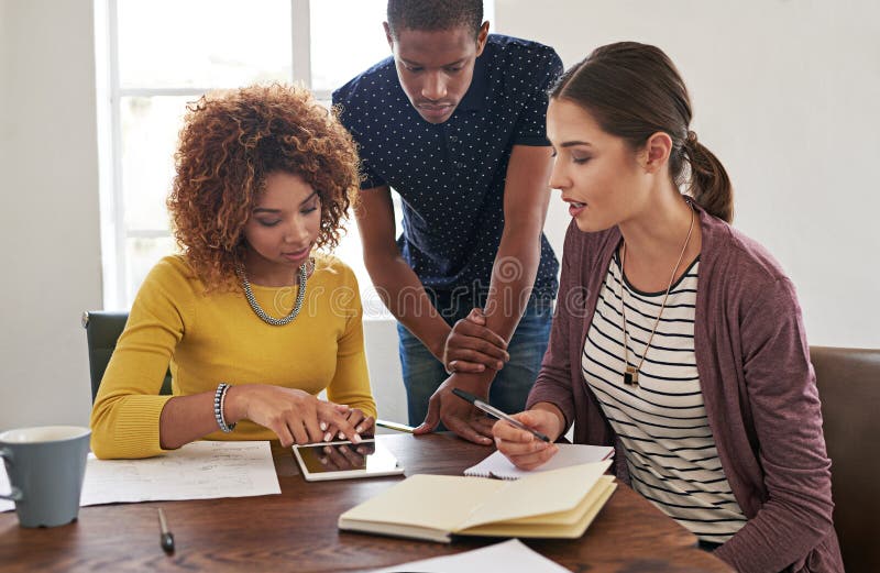 Meeting, Tablet and Business Men in Office with Discussion for Feedback ...