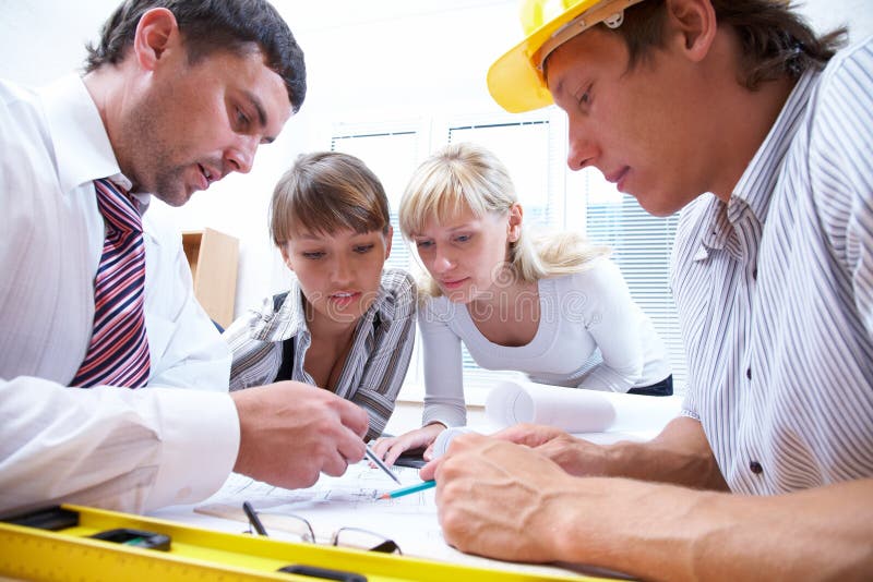 Meeting the Team of Engineers Stock Photo - Image of foreman, four ...
