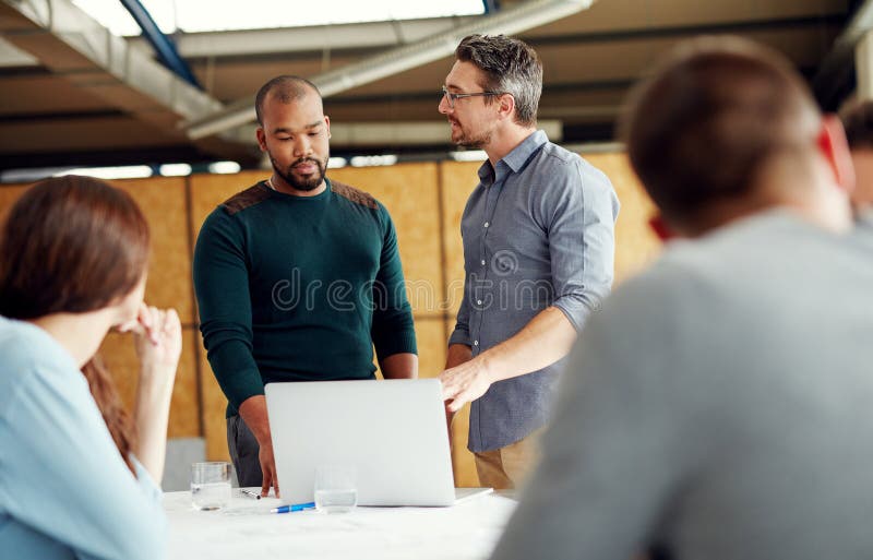 Meeting, Team and Laptop in Office for Feedback, Advice and Performance ...