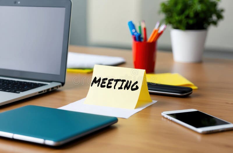 MEETING Text Words Phrase on a Sticker on the Office Desk Stock ...