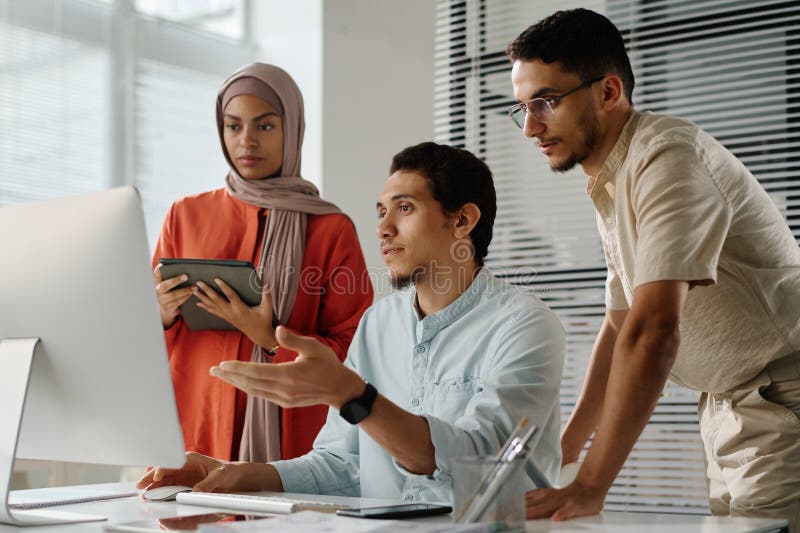 Meeting of Three Muslim Employees Stock Image - Image of copyspace ...